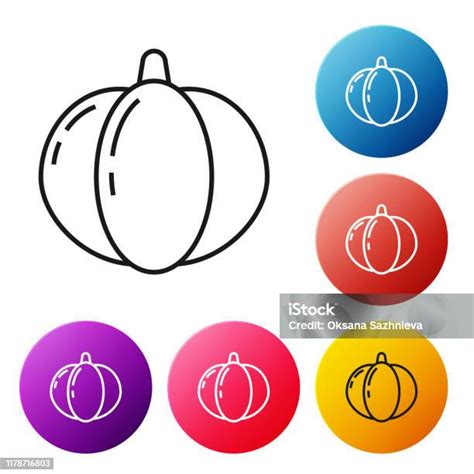 흰색 배경에 격리 된 검은 선 호박 아이콘입니다 해피 할로윈 파티 아이콘 다채로운 원 버튼을 설정합니다 벡터 일러스트레이션 10월에 대한 스톡 벡터 아트 및 기타 이미지