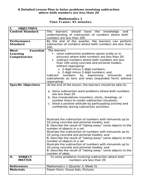 Subtraction Lesson Plan For Grades 1 2 Pdf Subtraction Cognition