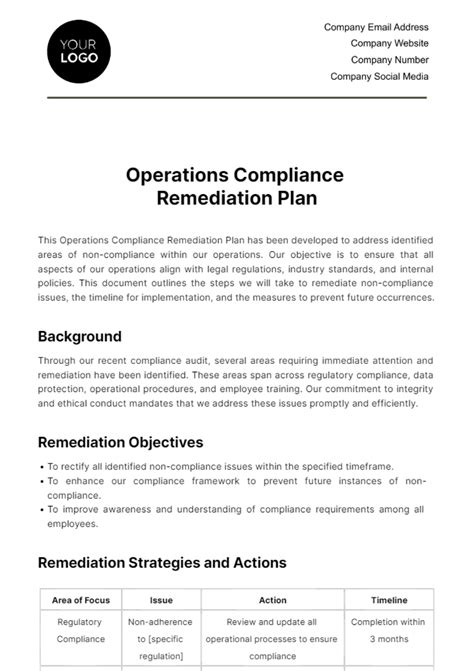 Free Operations Compliance Remediation Plan Template Edit Online