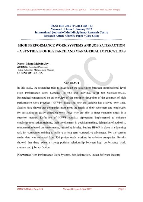 Pdf High Performance Work Systems And Job Satisfaction A Synthesis Of Research And Managerial