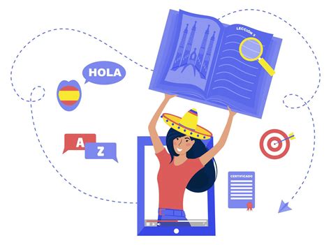 Vector Illustration Of Spanish Tutor Online Studying Video Tutorial