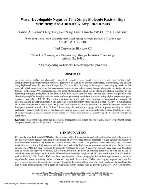 Pdf Water Developable Negative Tone Single Molecule Resists High
