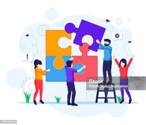 팀 워크 컨셉 조각 퍼즐 요소를 연결하는 사람들 비즈니스 리더십 파트너십 일러스트 개념에 대한 스톡 벡터 아트 및 기타 이미지 개념 개념과 주제 건축하기 Istock