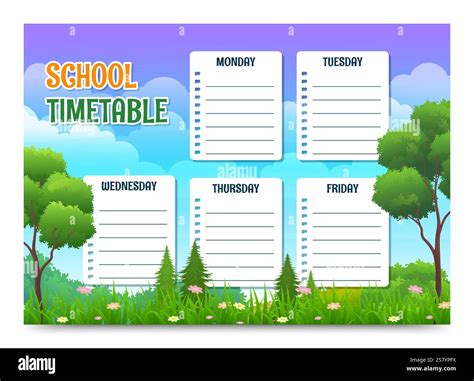 School Timetable Vector With Nature Cartoon Landscape Theme Stock