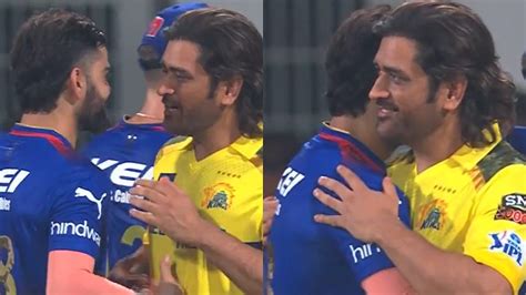 Ipl 2024 Old Friends Ms Dhoni And Virat Kohli Hug Each Other After Csk