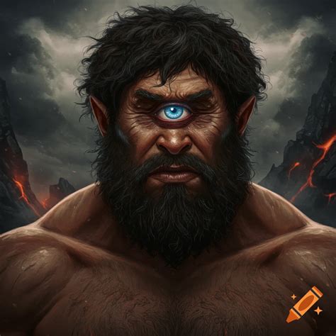 A Cyclops With A Single Blue Eye Against A Dark Volcanic Background