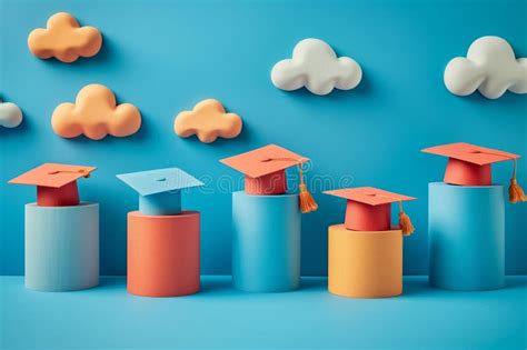Graduation Caps And Podiums On Blue Backdrop Stock Illustration