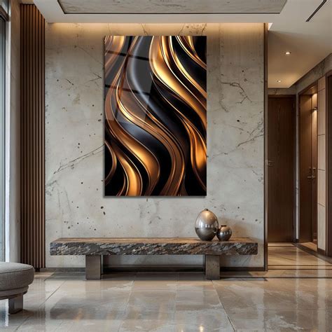 Gold Wave Glass Wall Art Modern Black And Gold Decor Etsy