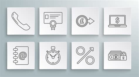 회선 주소록 인증서 템플릿 스톱워치 백분율 위쪽 화살표 자물쇠가 있는 돈 동전 돈 파운드 스털링 기호 노트북 달러 및 전화 핸드셋 아이콘을 설정합니다 벡터 0명에 대한 스톡