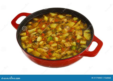 Grande Casserole Rouge Avec Le Ragout Chaud Image Stock Image Du