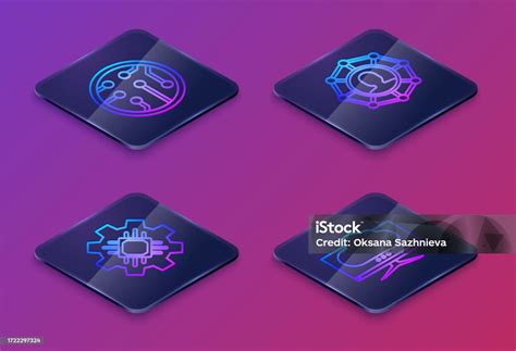 아이소메트릭 라인 프로세서 프로세서 프로젝트 팀 베이스 및 컴퓨터 모니터 화면을 설정합니다 파란색 사각형 버튼입니다 벡터 3차원 형태에 대한 스톡 벡터 아트 및 기타 이미지