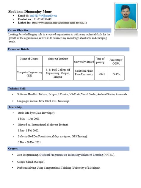 shubham mane resume pdf