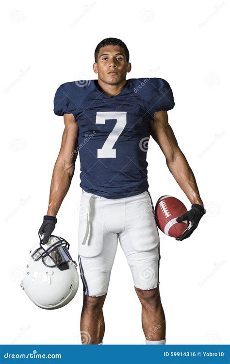 Retrato De Um Jogador De Futebol Americano Muscular Forte Isolado No Branco Foto De Stock