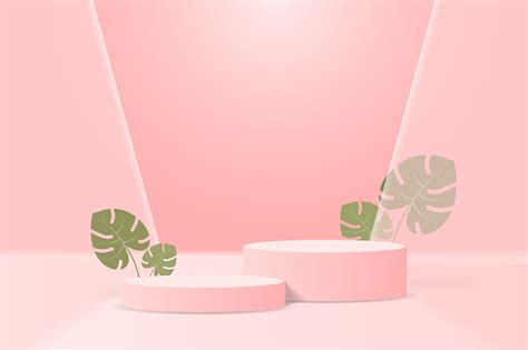 핑크 파스텔 색상의 미니멀 씬 현실적인 3d 분홍색 실린더 연단 받침대는 열대 야자수 잎과 유리 모양을 통해 빛나는 빛이 있습니다 제품 디스플레이 프리젠 테이션 쇼케이스를