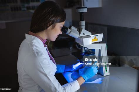 현미경으로 유전자 변형 샘플 화학 물질이 있는 페트리 접시를 보고 있는 과학자 기술 장비를 갖춘 현대 실험실에서 일하는 미생물