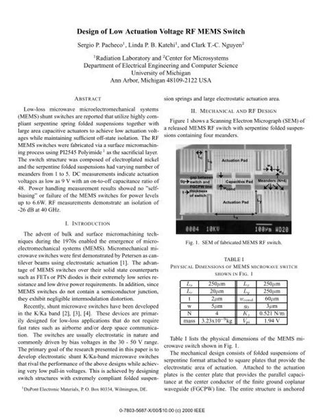Design Of Low Actuation Voltage Rf Mems Switch Science