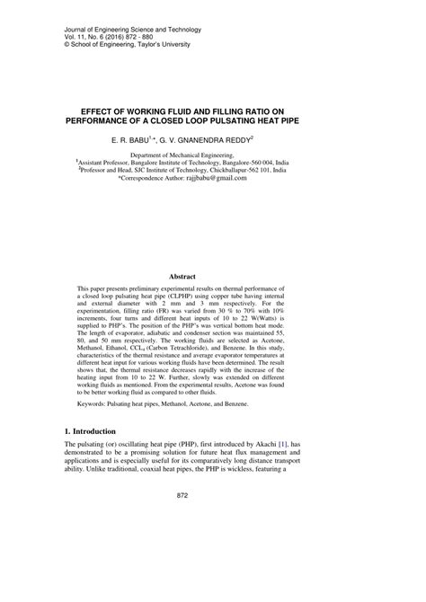 Pdf Effect Of Working Fluid And Filling Ratio On Performance Of A Closed Loop Pulsating Heat Pipe