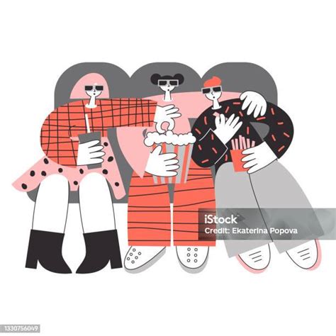 영화 관람 영화의 현대 다각형 가족 로맨틱 한 데이트에 세 연인 일부다처제와 양성애 행복한 비일부일처 공개 관계 개념 Lgbt 권리 자부심 벡터 평면 일러스트 폴리아모리에