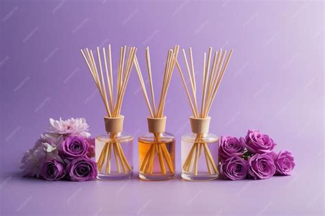 Three Reed Diffusers With Wooden Sticks And Purple Flowers On A Purple