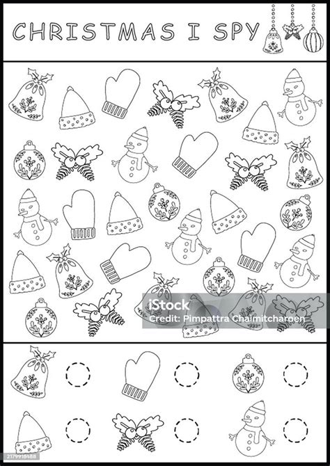 크리스마스 겨울 인쇄 가능한 워크 시트 흑백 어린이를 위한 게임 페이지를 스파이합니다 그리기 기호를 사용한 검색 및 계산 활동
