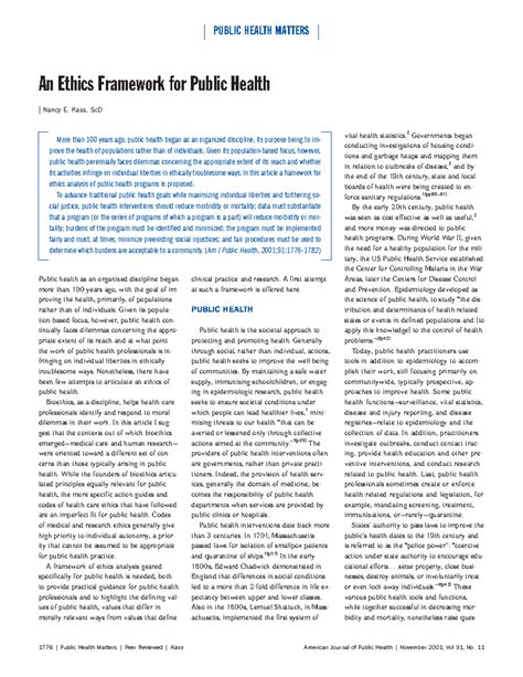 Kass An Ethics Framework For Public Health 1776 Public Health Matters Peer Reviewed Kass