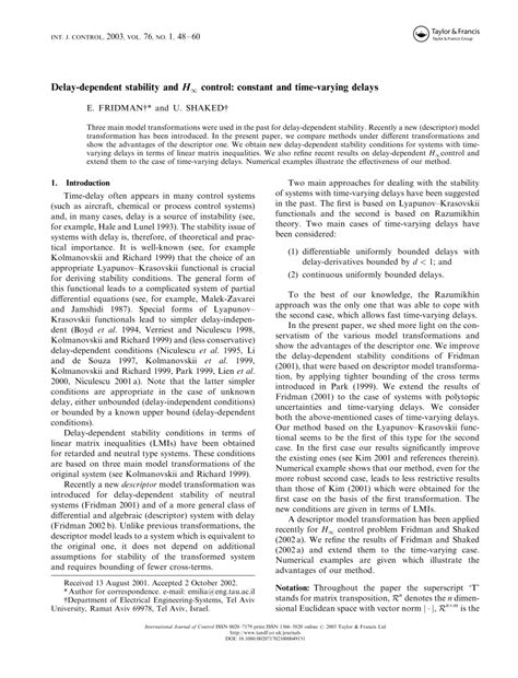 PDF Delay Dependent Stability And H Control Constant And Time Varying Delays