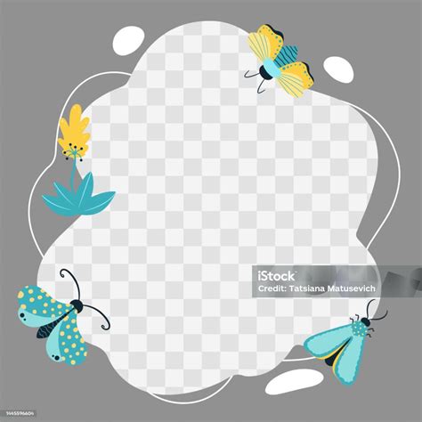 곤충 나비 딱정벌레 꽃 평평한 만화 스타일의 자리 형태의 벡터 프레임입니다 어린이 사진 엽서 초대장에 대 한 템플릿입니다 개체 그룹에 대한 스톡 벡터 아트 및 기타 이미지