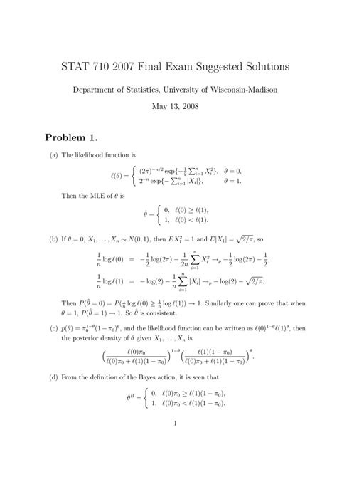 Final Exam Suggested Solutions Mathematical Statistics Stat 710 Docsity