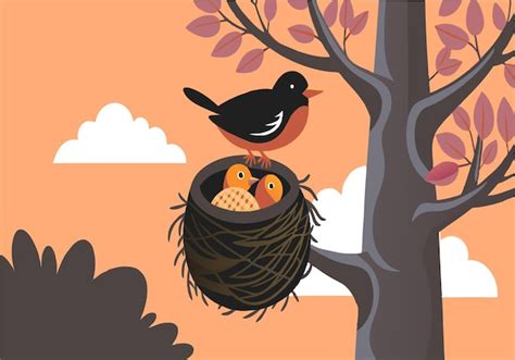 Premium Vector Illustration Of A Bird Nest With Chicks In A Tree