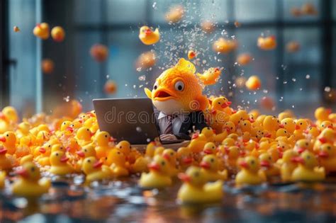 Surreal Fish Headed Businessman Among Rubber Ducks In Flooded Office