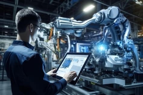 Premium Photo Young Engineer Using Tablet To Inspect Robotic Arm