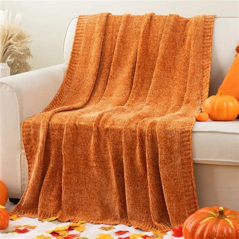 Battilo Home Orange Chenille Throw Blanket For Fall Decor