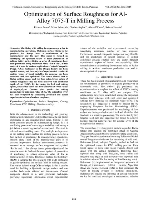 Pdf Optimization Of Surface Roughness For Al Alloy 7075 In Miliing Process