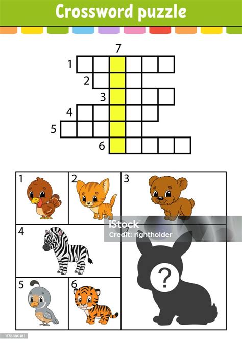 크로스 워드 퍼즐 교육 개발 워크 시트 영어 공부를 위한 활동 페이지 컬러 사진과 함께 어린이를위한 게임 격리된 벡터 그림입니다 재미있는 캐릭터 만화 스타일입니다 가로세로