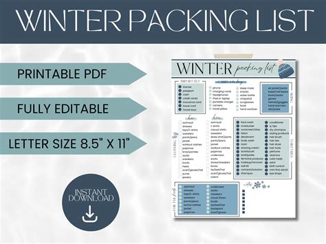 Winter Packing List Template Printable Packing List For Etsy