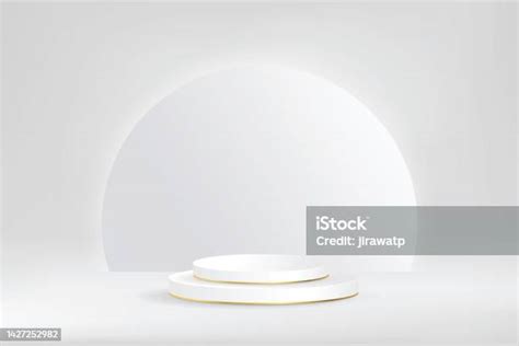 흰색 회색 및 금색의 기하학적 받침대 연단과 빛나는 세미 서클 배경 연단 추상적 배경 기하학적 모양흰색 색상 장면 최소 3d