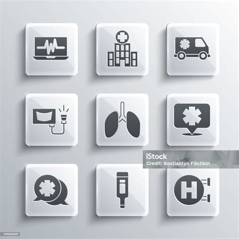 디지털 온도계 병원 간판 응급 상황의 의료 기호 폐 의사와의 대화 초음파 노트북 심전도 및 아이콘을 설정합니다 벡터 Brand Name Online Messaging