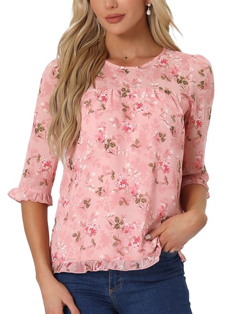 Inspire Chic Womens Floral Chiffon Blouse 3 4 Sleeve Round Neck Ruffle