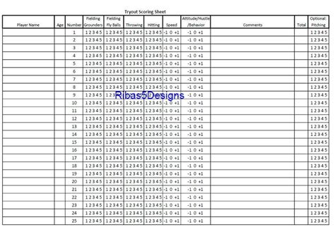 Baseball Softball Tryout Evaluation Sheet Printable Download Pdf Etsy