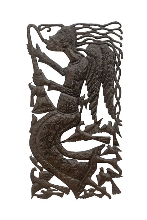 Handcrafted Haitian Folk Art Vintage Angel With Horn Flying With Birds