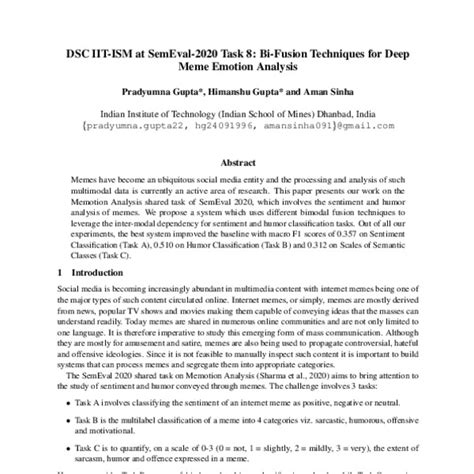 Dsc Iit Ism At Semeval 2020 Task 8 Bi Fusion Techniques For Deep Meme Emotion Analysis Acl