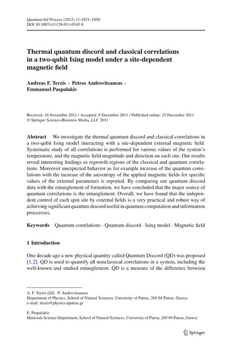 Pdf Thermal Quantum Discord And Classical Correlations In A Two Qubit