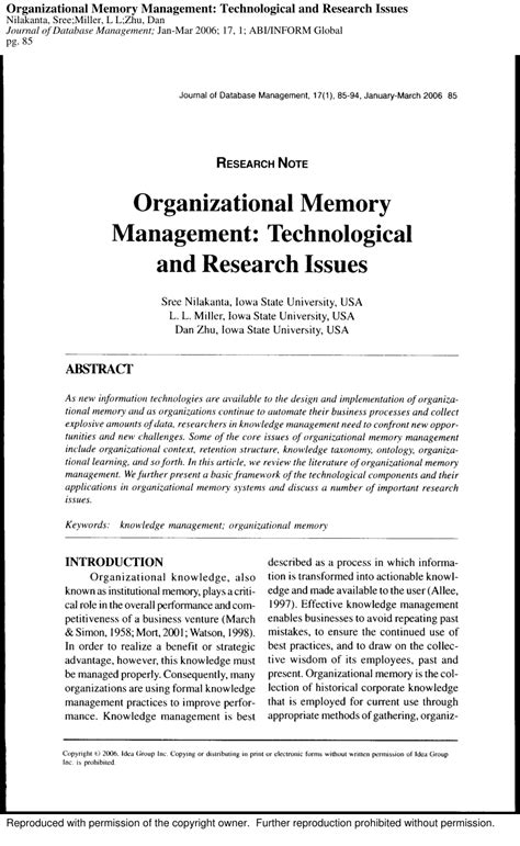 Pdf Organizational Memory Management Technological And Research Issues