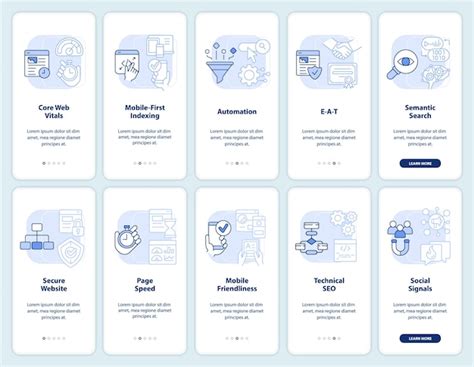 Premium Vector Search Engine Optimization Light Blue Onboarding Mobile App Screen Set