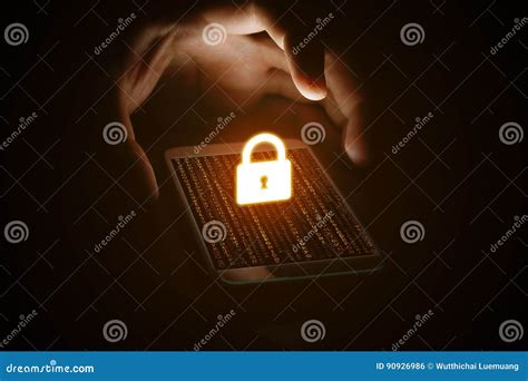 Cyber Security Concept Man Hand Protection Network With Lock Icon And Virtual Screen On