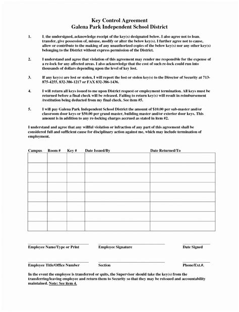 Employee Key Holder Agreement Form Key Sign Out Form Template For Key Holder Agreement Template
