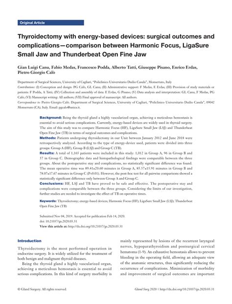Pdf Thyroidectomy With Energy Based Devices Surgical Outcomes And