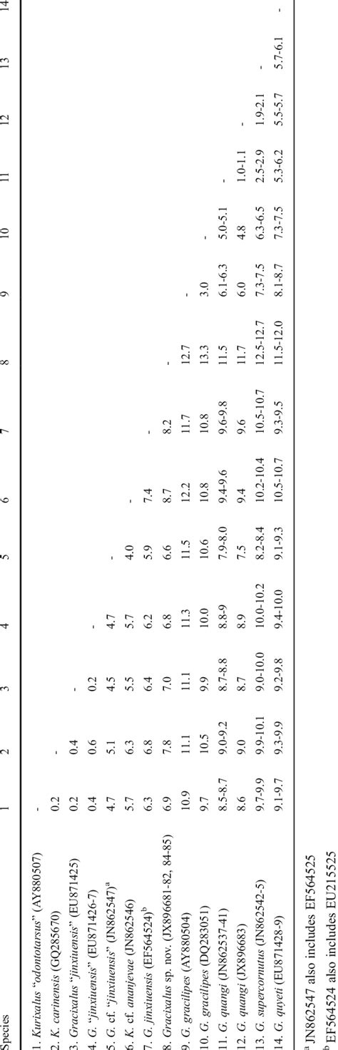 uncorrected p distance matrix showing pairwise genetic divergence