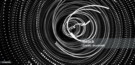 동적 파티클이 있는 배열입니다 연결된 점으로 소용돌이 추상 과학 또는 기술 배경 3d 벡터 그림입니다 3차원 형태에 대한 스톡