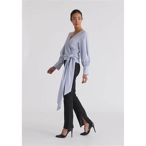 Striped Wrap Top With Waist Tie In White And Blue Stripes Paisie Wolf